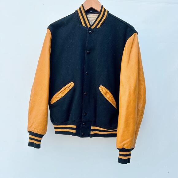 Vintage | Jackets & Coats | Vintage Varsity Letterman Jacket 8s Delong 38 Yellow Black Leather ...